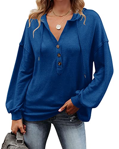 Tutorutor Women's Long Sleeve Deep V Neck Henley Shirts Button Down Drawstring Sweatshirt Hoodies Pullover Tops