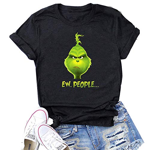 CHOSMOYI Women's Short Sleeve Funny Grinch Ew People Letter Pattern Casaul T Shirt Top Tee Black