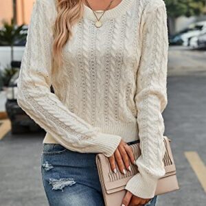 ZAFUL Women's Cable Cropped Sweater Long Sleeve Crewneck Pullover Knit Jumper Top (0-Beige, M)