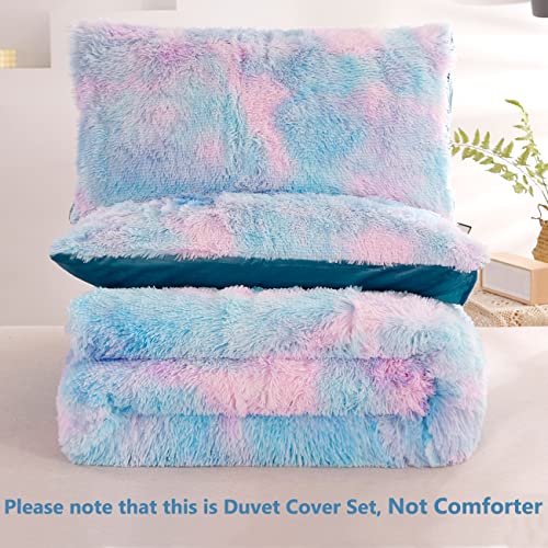 SUCSES Tie Dye Plush Shaggy Duvet Cover Set Full Size Rainbow Faux Fur Bedding Set for Teens Girls Soft Velvet Fluffy Fuzzy Comforter Cover Bed Set (Blue Purple Ombre, Full)