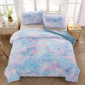 SUCSES Tie Dye Plush Shaggy Duvet Cover Set Full Size Rainbow Faux Fur Bedding Set for Teens Girls Soft Velvet Fluffy Fuzzy Comforter Cover Bed Set (Blue Purple Ombre, Full)