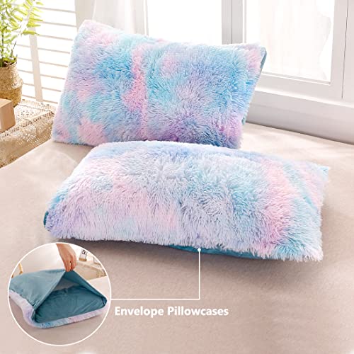 SUCSES Faux Fur Duvet Cover Set Twin Size, Tie Dye Rainbow Plush Shaggy Girls Bedding Set, Soft Velvet Fluffy Fuzzy Ombre Comforter Cover Set (Blue Purple, Twin)