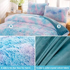 SUCSES Faux Fur Duvet Cover Set Twin Size, Tie Dye Rainbow Plush Shaggy Girls Bedding Set, Soft Velvet Fluffy Fuzzy Ombre Comforter Cover Set (Blue Purple, Twin)