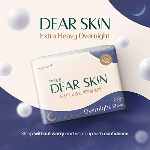 DEAR SKIN Air Embo Derma Sanitary Pads - [Overnight / 12 Count], Extra Long Sanitary Pads, Heavy Absorbency, Leak-Free Guard, Breathable Layers, Overnight Pads with Wings,