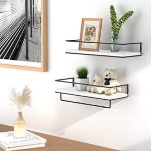 ZGO Floating Shelves for Wall Set of 2, Wall Mounted Storage Shelves with Black Metal Frame and Towel Rack for Bathroom, Bedroom, Living Room, Kitchen, Office (White)