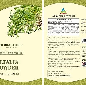 HERBAL HILLS Alfalfa Powder | 16 Oz (454 GMS) | Green Superfood Dried Whole Young Leaves