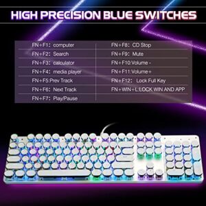 YSCP Typewriter Style Mechanical Gaming Keyboard RGB Backlit Wired with Blue Switch Retro Round Keycap 104 Keys Keyboard (Writertype Keyboard-104keys White)