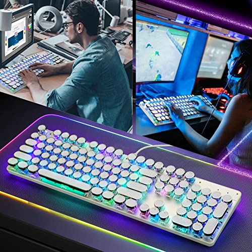 YSCP Typewriter Style Mechanical Gaming Keyboard RGB Backlit Wired with Blue Switch Retro Round Keycap 104 Keys Keyboard (Writertype Keyboard-104keys White)