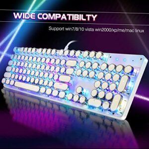 YSCP Typewriter Style Mechanical Gaming Keyboard RGB Backlit Wired with Blue Switch Retro Round Keycap 104 Keys Keyboard (Writertype Keyboard-104keys White)