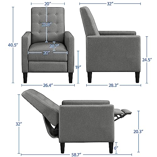 Topeakmart Mid-Century Modern Fabric Recliner Modern Tufted Reclining Single Sofa for Living Room Padded Cushion Home Theater Seat Grey