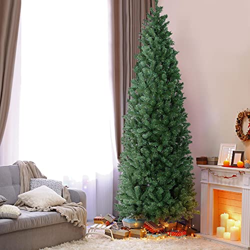 Yaheetech 7.5ft Pre-lit Kingswood Fir Pencil Artificial Hinged Christmas Tree Skinny Corner Xmas Tree with 350 Incandescent Warm White Lights Prelighted Xmas Tree with Foldable Stand, Green