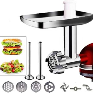 Metal Food Grinder Attachment for KitchenAid Stand Mixers， Meat Grinder Kitchen Aid Asseccories for KitchenAid，Includes 2 Sausage Stuffer Tubes, 4 Grinding Plates，Silver