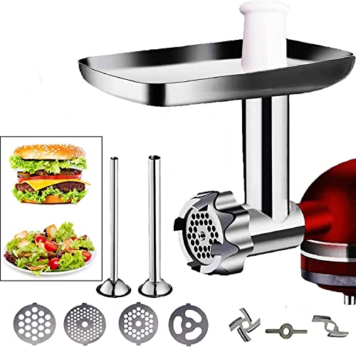 Metal Food Grinder Attachment for KitchenAid Stand Mixers， Meat Grinder Kitchen Aid Asseccories for KitchenAid，Includes 2 Sausage Stuffer Tubes, 4 Grinding Plates，Silver