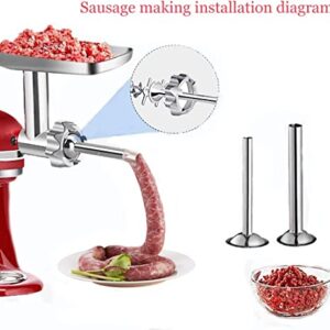 Metal Food Grinder Attachment for KitchenAid Stand Mixers， Meat Grinder Kitchen Aid Asseccories for KitchenAid，Includes 2 Sausage Stuffer Tubes, 4 Grinding Plates，Silver