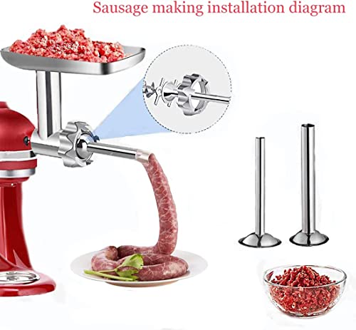 Metal Food Grinder Attachment for KitchenAid Stand Mixers， Meat Grinder Kitchen Aid Asseccories for KitchenAid，Includes 2 Sausage Stuffer Tubes, 4 Grinding Plates，Silver