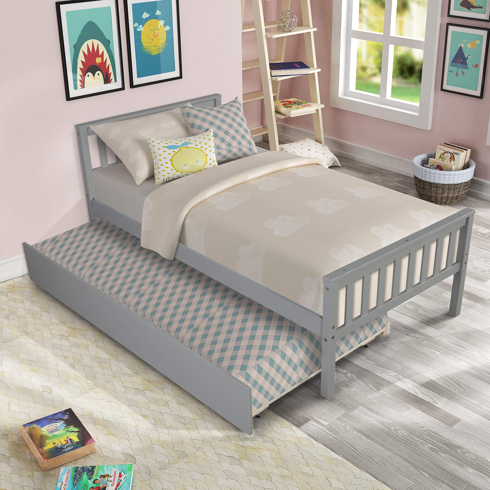 Twin Platform Bed with Trundle, Solid Wood Bed Frame with Headboard, Footboard for Teens Boys Girls,No Box Spring Needed (Grey)