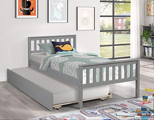 Twin Platform Bed with Trundle, Solid Wood Bed Frame with Headboard, Footboard for Teens Boys Girls,No Box Spring Needed (Grey)