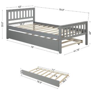 Twin Platform Bed with Trundle, Solid Wood Bed Frame with Headboard, Footboard for Teens Boys Girls,No Box Spring Needed (Grey)