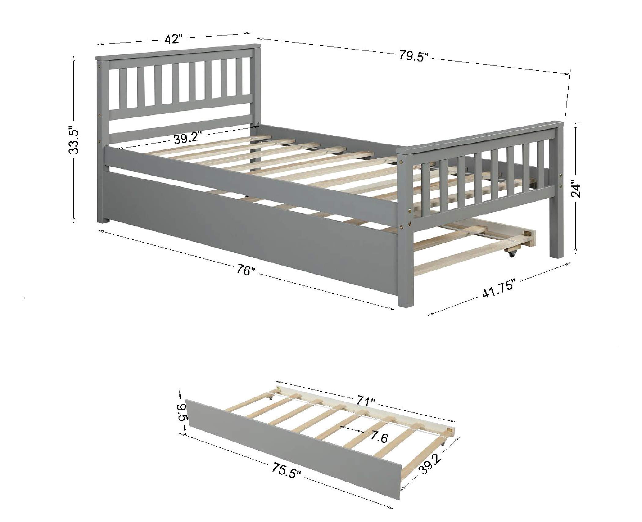 Twin Platform Bed with Trundle, Solid Wood Bed Frame with Headboard, Footboard for Teens Boys Girls,No Box Spring Needed (Grey)