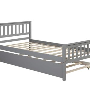 Twin Platform Bed with Trundle, Solid Wood Bed Frame with Headboard, Footboard for Teens Boys Girls,No Box Spring Needed (Grey)