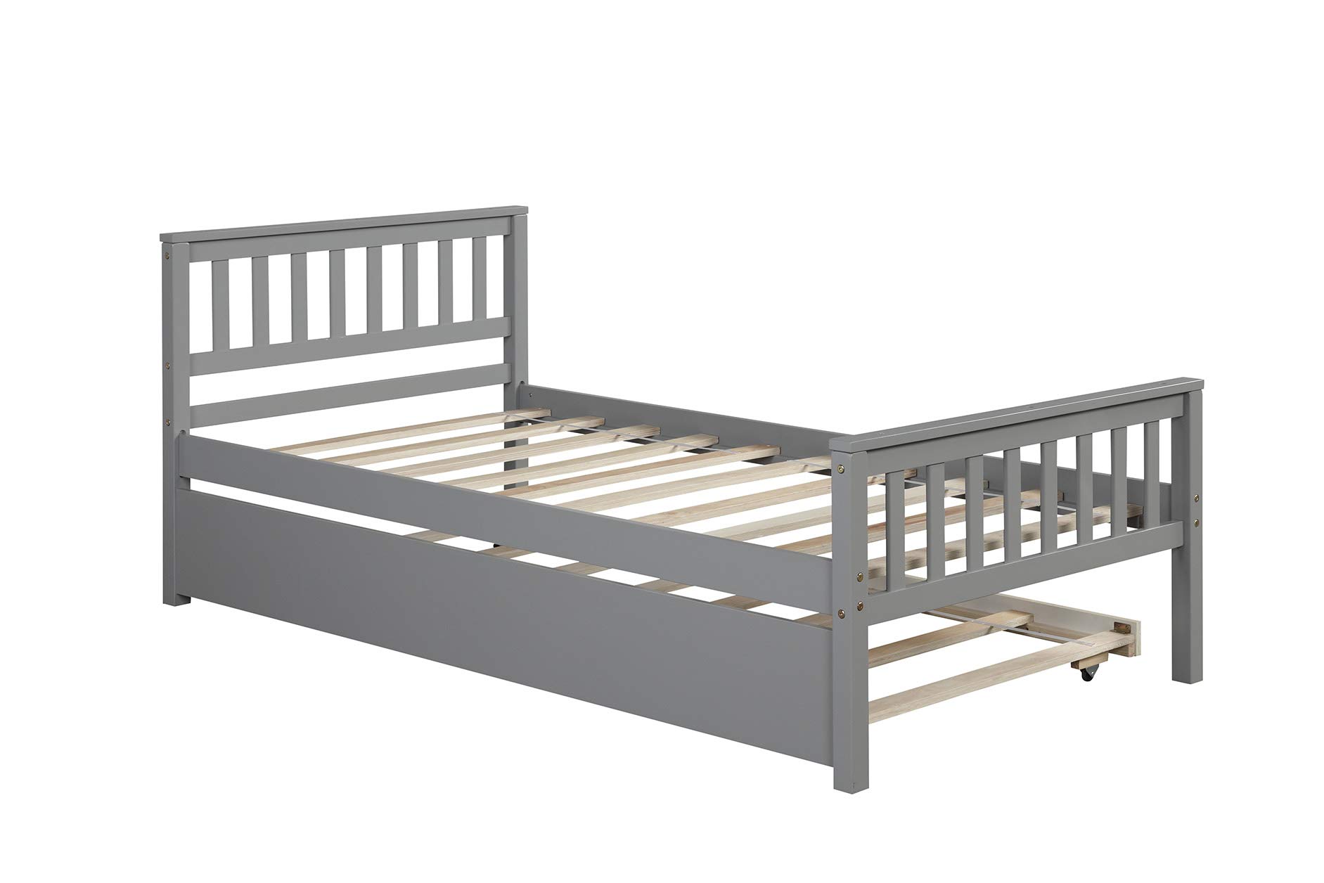 Twin Platform Bed with Trundle, Solid Wood Bed Frame with Headboard, Footboard for Teens Boys Girls,No Box Spring Needed (Grey)