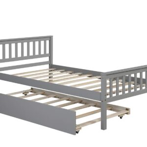 Twin Platform Bed with Trundle, Solid Wood Bed Frame with Headboard, Footboard for Teens Boys Girls,No Box Spring Needed (Grey)