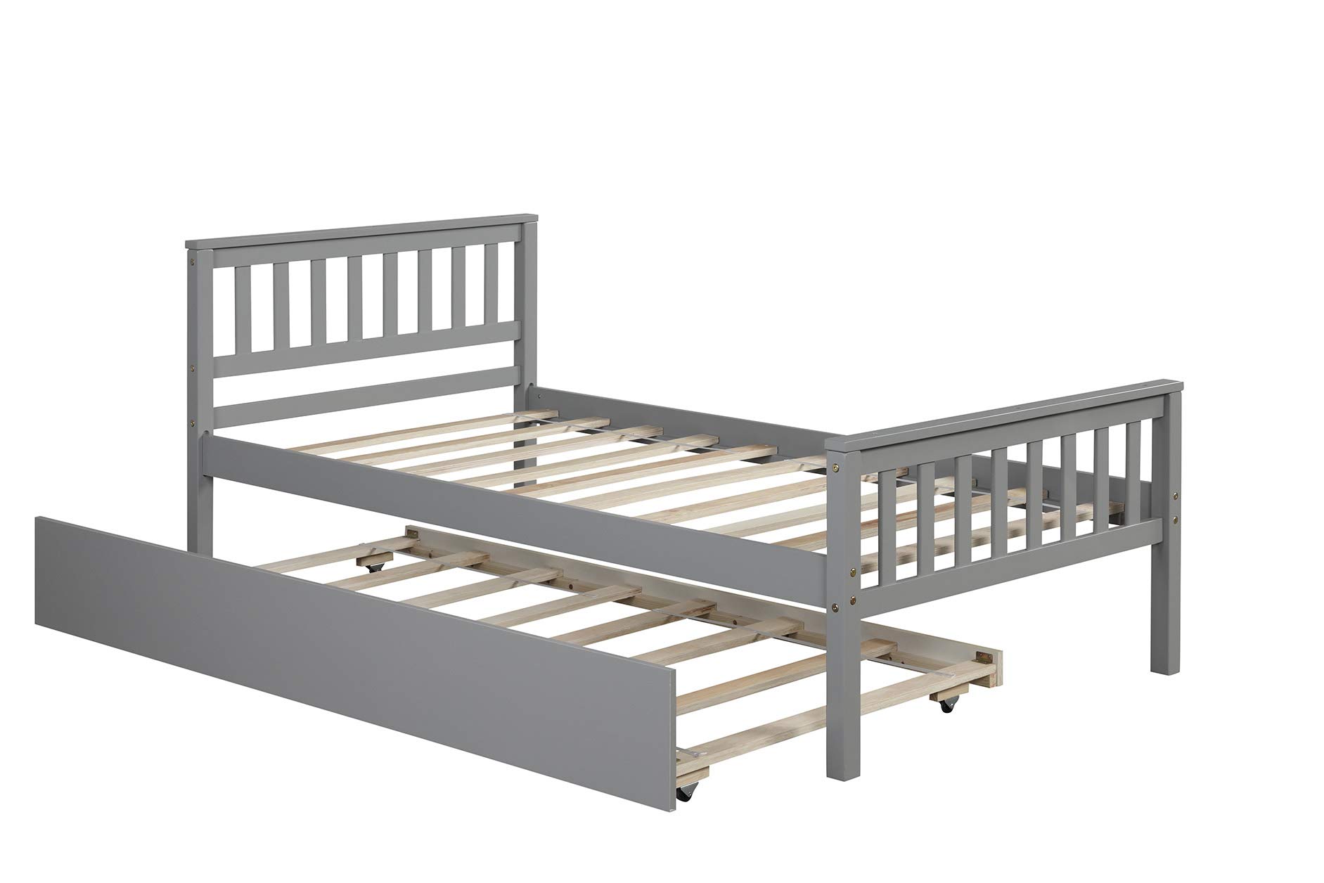 Twin Platform Bed with Trundle, Solid Wood Bed Frame with Headboard, Footboard for Teens Boys Girls,No Box Spring Needed (Grey)