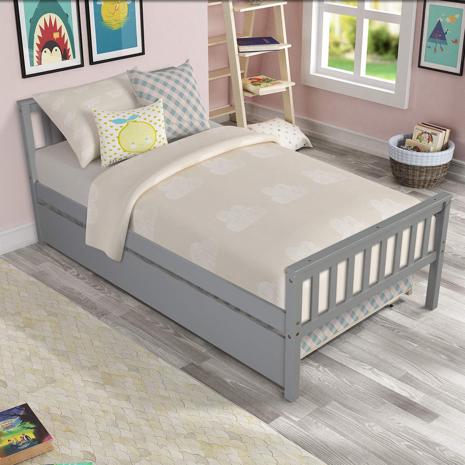 Twin Platform Bed with Trundle, Solid Wood Bed Frame with Headboard, Footboard for Teens Boys Girls,No Box Spring Needed (Grey)