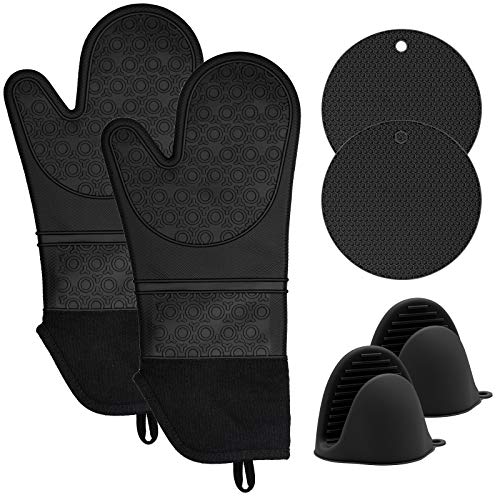 KOHSEN Silicone Oven Mitts and Pot Holders Set, 6 Piece Set with 2 Hot Pads-Heat Resistant to 450℉-Extra Long 15 Inch Professional Silicone Oven Mitts for Grilling Cooking Baking(Black)