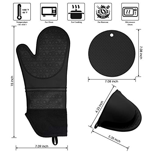 KOHSEN Silicone Oven Mitts and Pot Holders Set, 6 Piece Set with 2 Hot Pads-Heat Resistant to 450℉-Extra Long 15 Inch Professional Silicone Oven Mitts for Grilling Cooking Baking(Black)