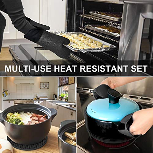 KOHSEN Silicone Oven Mitts and Pot Holders Set, 6 Piece Set with 2 Hot Pads-Heat Resistant to 450℉-Extra Long 15 Inch Professional Silicone Oven Mitts for Grilling Cooking Baking(Black)