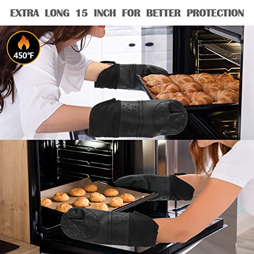 KOHSEN Silicone Oven Mitts and Pot Holders Set, 6 Piece Set with 2 Hot Pads-Heat Resistant to 450℉-Extra Long 15 Inch Professional Silicone Oven Mitts for Grilling Cooking Baking(Black)