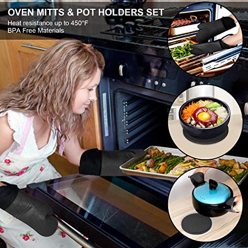 KOHSEN Silicone Oven Mitts and Pot Holders Set, 6 Piece Set with 2 Hot Pads-Heat Resistant to 450℉-Extra Long 15 Inch Professional Silicone Oven Mitts for Grilling Cooking Baking(Black)