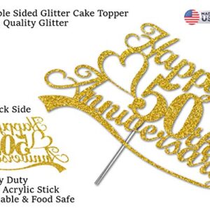 50th Anniversary Cake Topper Gold Glitter, 50 Wedding Anniversary Party Decoration Ideas, Premium Quality, Sturdy Doubled Sided Glitter, Acrylic Stick. Made in USA (50th Gold)