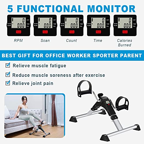 TABEKE Pedal Exerciser, Under Desk Bike Stationary Exerciser for Arm and Leg Workout, Portable Folding Sitting Cycle