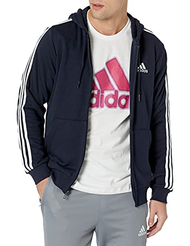 adidas Men's Essentials French Terry 3-Stripes Full-Zip Hoodie, Legend Ink/White, Medium