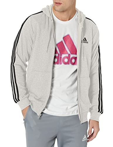 adidas Men's Essentials French Terry 3-Stripes Full-Zip Hoodie, Medium Grey Heather/Black