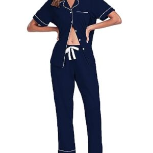 COLORFULLEAF Women's 100% Cotton Pajama Set Summer Button Down Short Sleeve Shirt and Long Pants Sleepwear Soft Lounge Sets(Navy Blue, L)