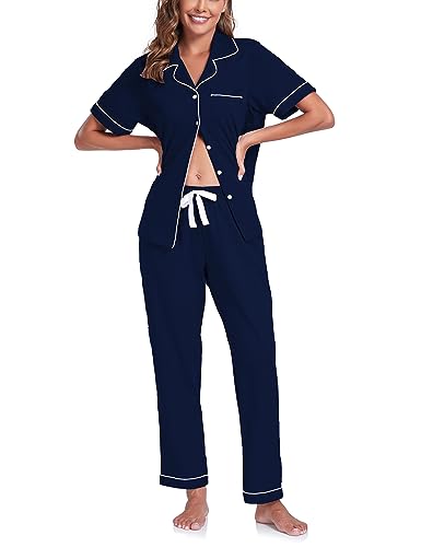 COLORFULLEAF Women's 100% Cotton Pajama Set Summer Button Down Short Sleeve Shirt and Long Pants Sleepwear Soft Lounge Sets(Navy Blue, L)