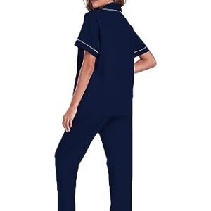 COLORFULLEAF Women's 100% Cotton Pajama Set Summer Button Down Short Sleeve Shirt and Long Pants Sleepwear Soft Lounge Sets(Navy Blue, L)