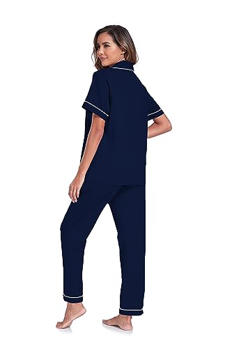 COLORFULLEAF Women's 100% Cotton Pajama Set Summer Button Down Short Sleeve Shirt and Long Pants Sleepwear Soft Lounge Sets(Navy Blue, L)