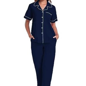 COLORFULLEAF Women's 100% Cotton Pajama Set Summer Button Down Short Sleeve Shirt and Long Pants Sleepwear Soft Lounge Sets(Navy Blue, L)