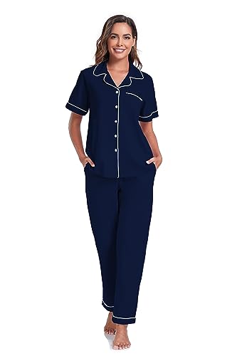 COLORFULLEAF Women's 100% Cotton Pajama Set Summer Button Down Short Sleeve Shirt and Long Pants Sleepwear Soft Lounge Sets(Navy Blue, L)