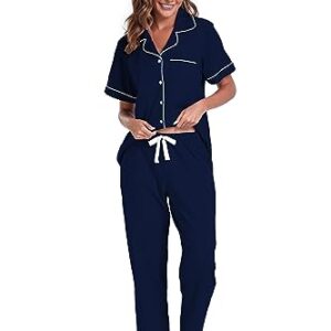 COLORFULLEAF Women's 100% Cotton Pajama Set Summer Button Down Short Sleeve Shirt and Long Pants Sleepwear Soft Lounge Sets(Navy Blue, L)