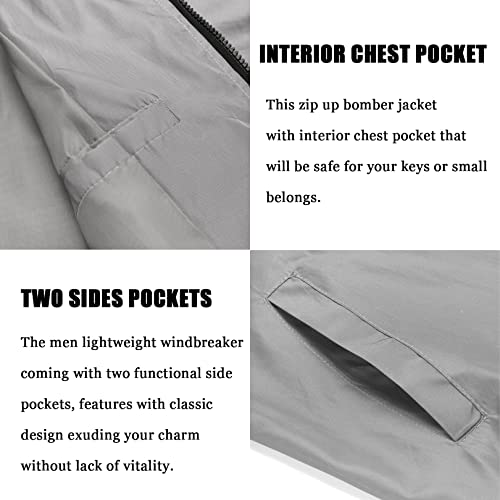 COOFANDY Mens Lightweight Bomber Jacket Classic Slim Fit Zipper Sportswear Jacket Light Coat Light Grey L