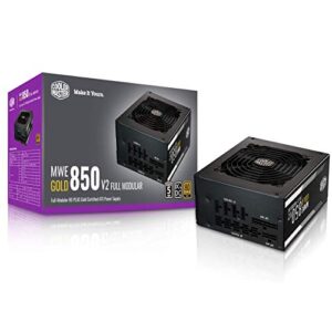 cooler master mwe gold 850 v2 full modular, 850w, 80+ gold efficiency, 2 eps connectors, 120mm hdb fan, semi-fanless operation, 5 year warranty