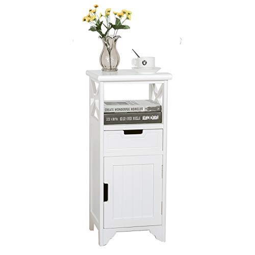 BECTSBEFF Tall End Table with Drawer and Doors(Fully Assembled), 30" Height Floor Standing Storage Cabinet with Shelf for Bathroom, Wood Side Table/Nightstand/Side Cabinet for Bedroom -White