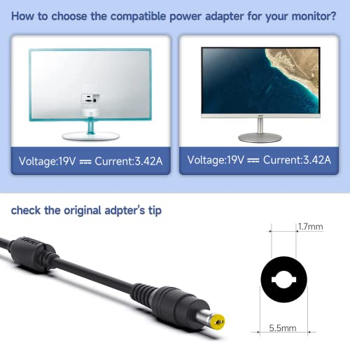 19V Adapter Power Cord for Acer LCD Monitor H236HL SA230 G276HL G246HL G206HQL S271HL S240HL G236HL S220HQL S242HL G226HQL S202HL S230HL G237HL S231HL S232HL S241HL H226HQL H276HL HN274H