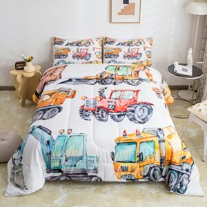 erosebridal kids excavator comforter set twin size, retro truck down comforter for boys girls teens, tractor machinery construction vehicle bedding set crane digger mixer quilted duvet bedroom decor