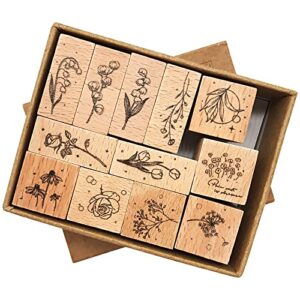 floral decorative wood rubber stamps,zmlsed 12pcs vintage nature flower leaves wooden stamps multipurpose pattern mounted stamps for card making diy arts craft planner bullet journal scrapbooking